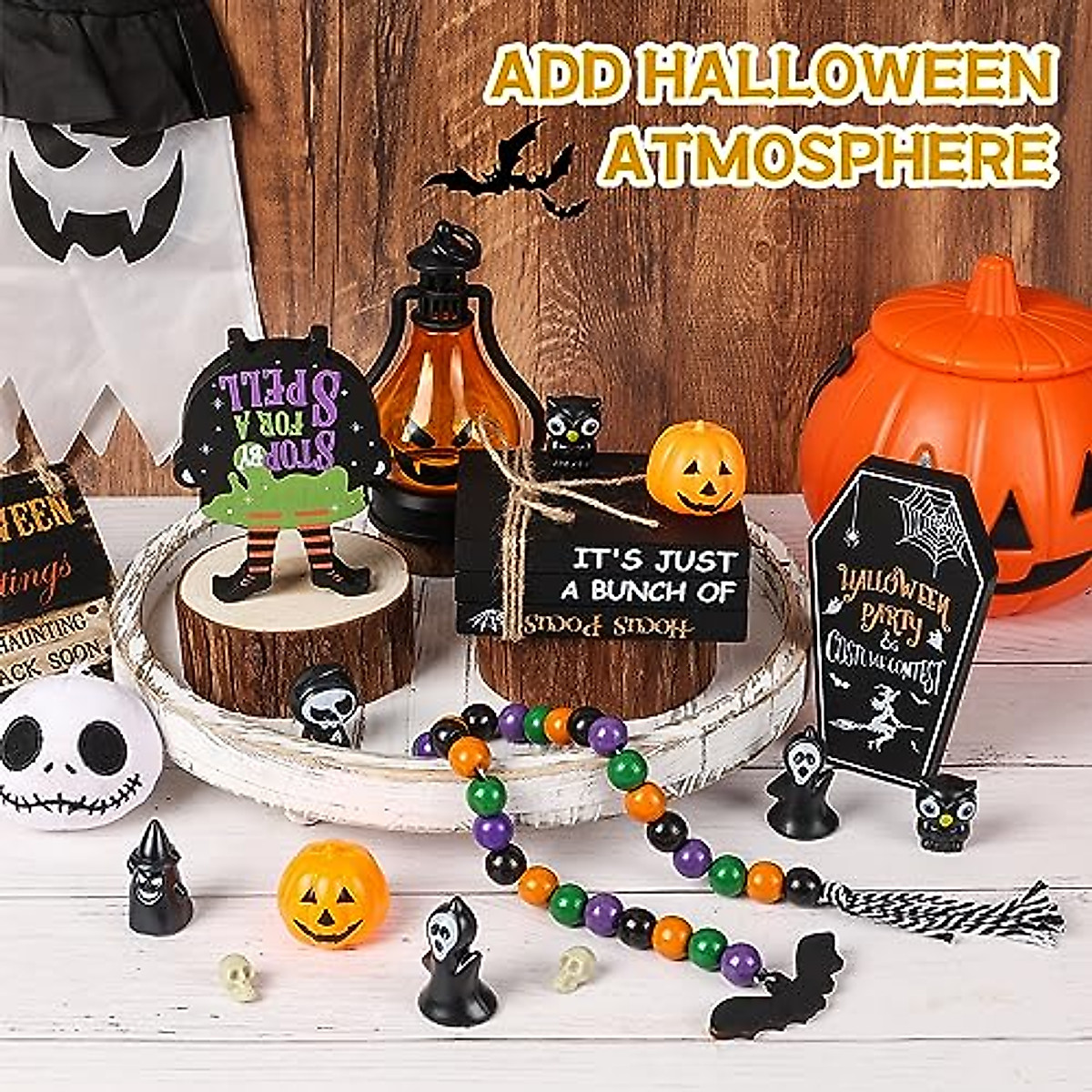 Hocus Pocus Halloween Decorations indoor, 6 Pcs Hocus Pocus Halloween Decor with Tombstones, hocus pocus book, Witches Cauldron, beads garland, Halloween Tiered Tray Decor for Home Table Kitchen decor