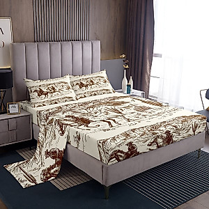 Erosebridal Western Bed Sheets Queen Size Cowboy Sheet Set American Wild West Desert Hand Drawn Illustration Fitted Sheet Country Theme Bedroom Decor Bedding Set for Boys Men Teens