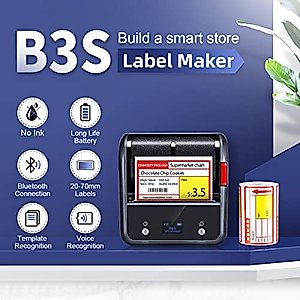 Thermal Label Printer B3S with 3 Inch Labels Tape Bluetooth Business Sticker Label Maker Suitable for Barcode, Price, Address and Storing Compatible with Android iOS and Windows for Home & Office