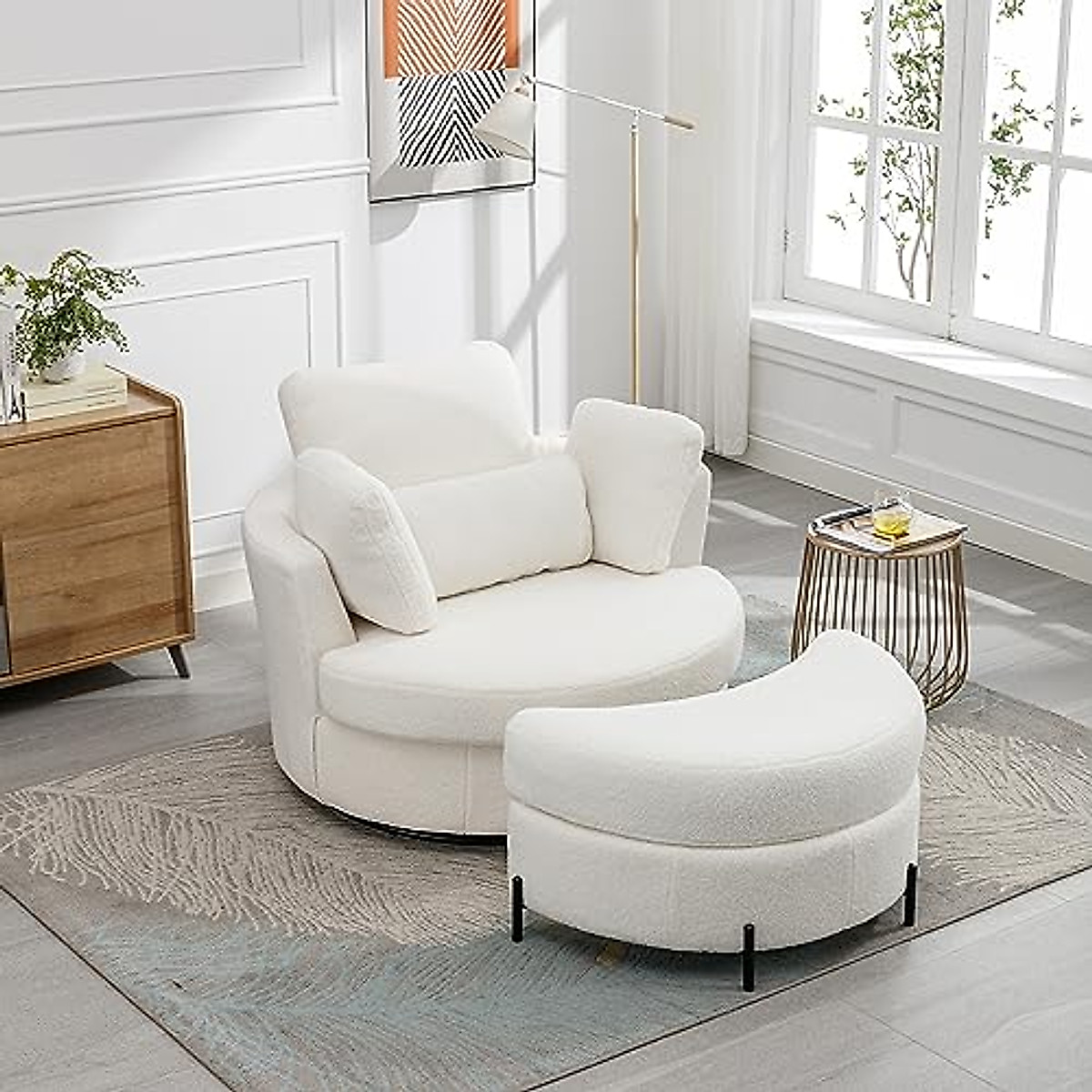 Oversized Swivel Accent Barrel Chair with Storage Bench Large Ottoman+4 Pillows,Comfy Upholstered 360 Recliner Sofa Club Chaise Leisure Round Loveseat Lounge Armchair for Living Room/Hotel/Nursery