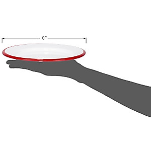 Red Co. Set of 4 Enamelware Metal Classic 8" Round Salad Plate, Solid White/Red Rim