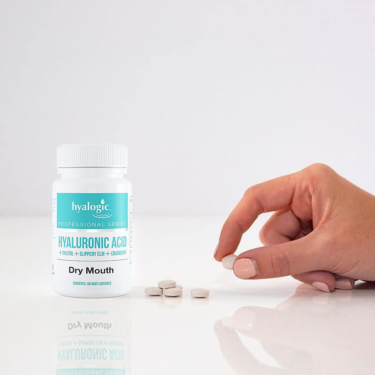 Hyalogic Oral Care Dry Mouth Mints - Hyaluronic Acid HA & Xylitol Lozenges for Hydration - Natural Mint Breath Freshener, Sugar-Free & Vegan Friendly (60 ct)