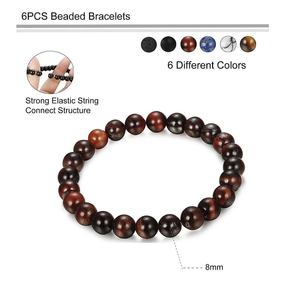 FUNRUN JEWELRY 6PCS Bead Bracelets for Men Women Natural Stone Mala Bracelet (A: 6 PCS Style1)