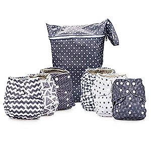 Simple Being Reusable Cloth Diapers, Double Gusset, One Size Adjustable, Washable Soft Absorbent, Waterproof Cover, Eco-Friendly Unisex Baby Girl Boy, six 4-Layers Microfiber Inserts (Geometrics)