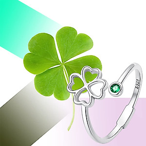 MUNDELL 925 Sterling Silver Simple Four Leaf Clover Adjustable Ring Green Zircon Lucky Statement Rings for Women Stacking Rings Fashion Jewelry