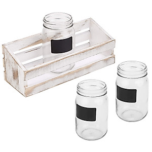 MyGift Whitewashed Wood Flatware Utensil Holder for Table, Casual Dining Flatware Holder for Countertop with 3 Mason Jars and Chalkboard Labels