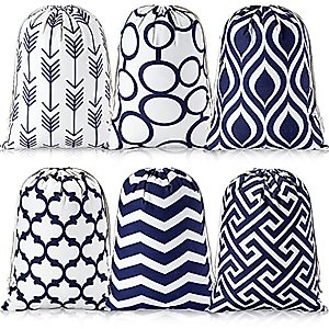 Jexine 6 Pcs 19 x 13 Inches Large Drawstring Gift Bag Geometric Pattern Canvas Drawstring Bag Blue Stripe Fabric Bag Reusable Sport String Bag for Birthday Christmas Holiday Party Supplies