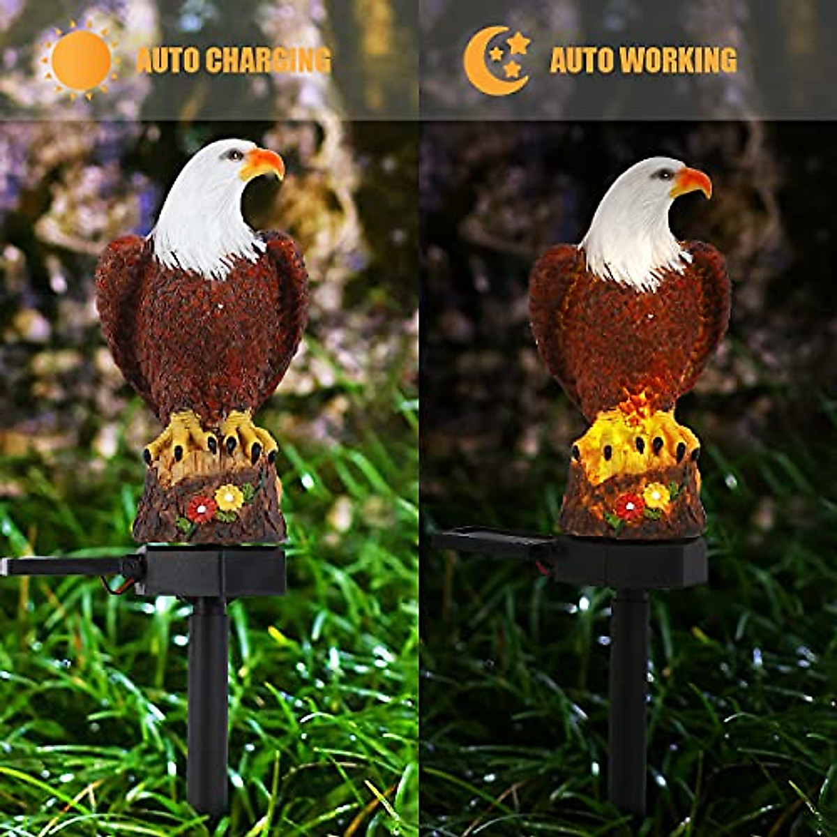 PERFECTOP 2 Pack Solar Eagle Garden Lights, Outdoor Solar Bald Eagle Figurines Decorative Stake Light, Garden Eagle Animal Bird Decor Yard Lawn Pathway Decoration Thanksgiving Christmas Ornament Gift