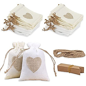 40Pcs Heart Burlap Bags with Tags and String, HMIEPRS Small Drawstring Party Gift Bags, Linen Pouches for Jewelry Pouches, Coffee, DIY Craft Bags, Wedding Favors Party, Valentine's Day, Christmas(4 x 5.5 Inch)