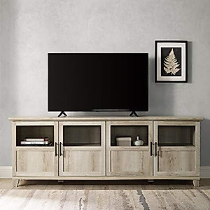 Walker Edison Farmhouse Glass and Wood TV Stand for TV's up to 80" Universal TV Stand for Flat Screen Living Room Storage Cabinets and Shelves Entertainment Center, 70 Inch, White Oak