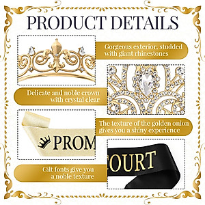 Saintrygo 12 Pcs Prom Crown and Sash Set, Prom King and Prom Queen Tiara Rhinestone Crown Glitter Sash Prom Court Royal Satin Sash for Graduation Prom Night Party Birthday Accessory (Gold,Stylish)