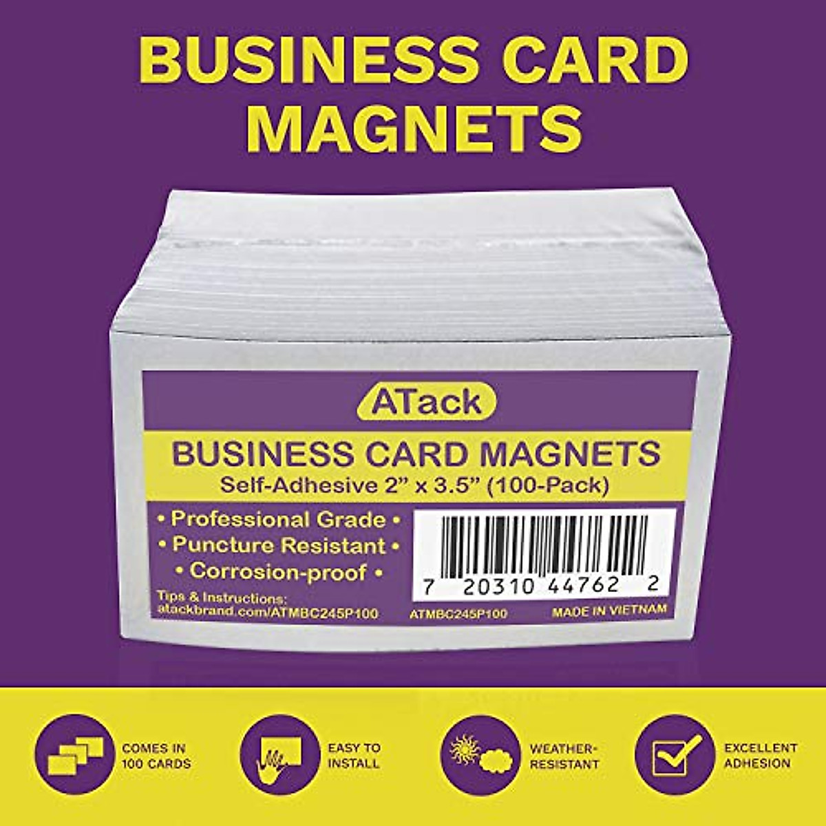 ATack Self-adhesive Business Card Magnets with Adhesive Backing, Pack of 100, Weatherproof Peel and Stick Magnetic Business Cards