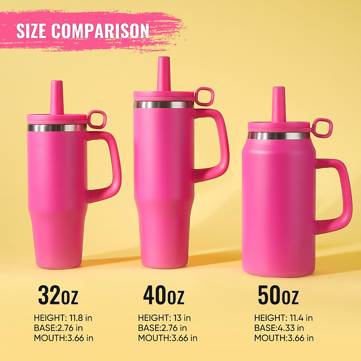 40oz Tumbler, Insulated Stainless Steel Water Bottle with Straw, Cover Cap, Leak Proof Travel Tumbler with Handle, BPA-Free, Cupholder Friendly, Gifts for Women & Men, Passion Pink