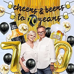70th Birthday Decorations for Men, 70 Years Birthday Decorations with 40 Inch Gold Number Balloons, Banner, 70 Sign Latex Balloon, Fringe Curtains and Cups Foil Balloons