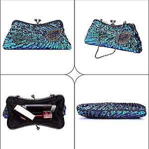 Baglamor Women's Kiss Lock Clutch Sequin Purse Peacock Clutch Bag (Blue)