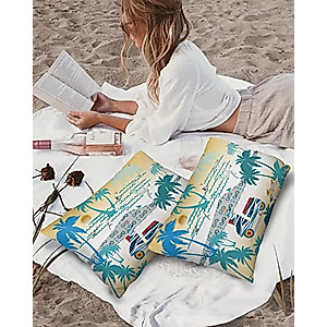Edwiinsa Outdoor Pillow Covers Waterproof, Coconut Tree All Weather Cushion Case Set of 2, Summer Teal Moire Yellow Ombre Sunset Lumbar Pillowcase for Sofa Couch Bed Decor Patio Furniture 20"x12"