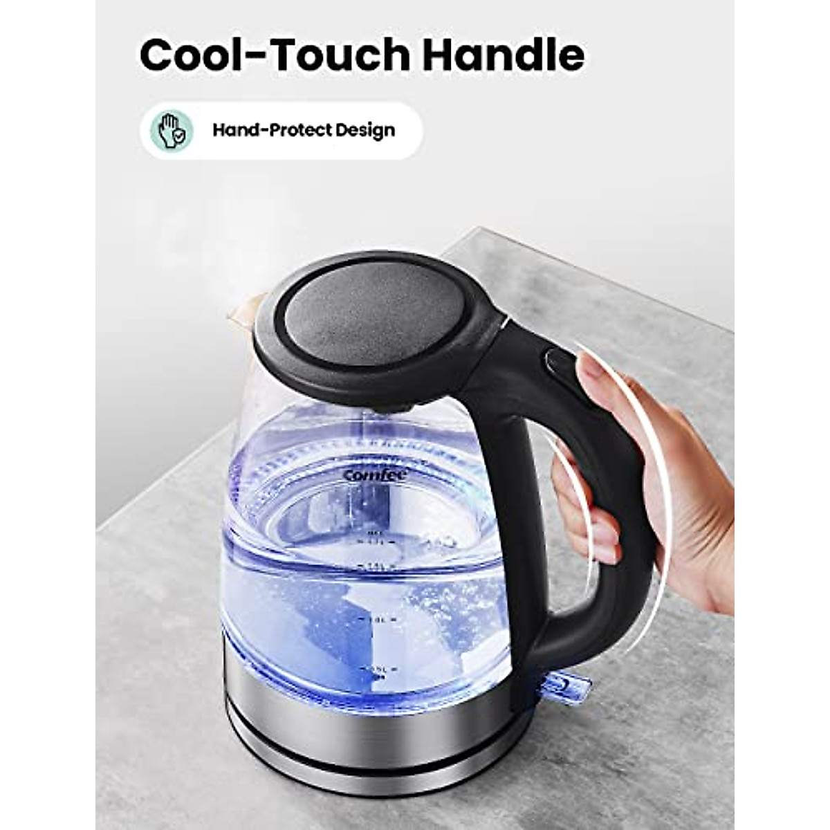 COMFEE' Glass Electric Tea Kettle & Hot Water Boiler, 1.7L, Cordless with LED Indicator, 1500W Fast Boil, Auto Shut-Off and Boil-Dry Protection