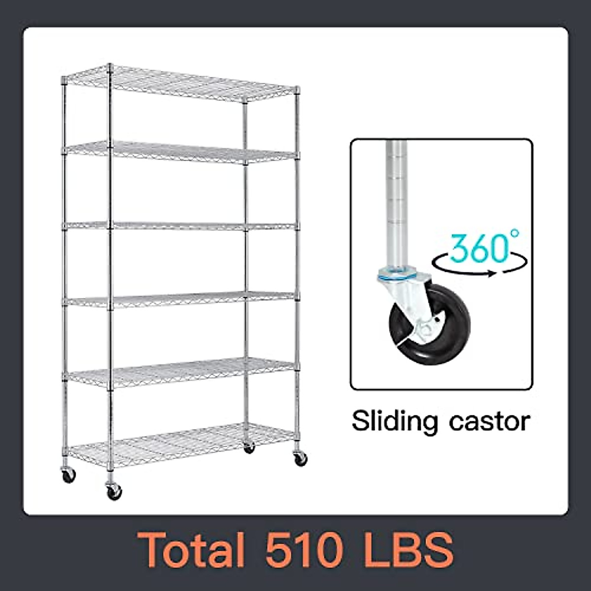 18" D×48" W×72" H Wire Shelving Unit Metal Shelf with 6 Tier Casters Adjustable Layer Rack Strong Steel for Commercial Restaurant Garage Pantry Kitchen Garage，Chrome