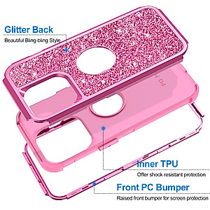 Hython Case for iPhone 13 Pro Max Case Glitter, Cute Shiny Bling Sparkle Cover, Heavy Duty 3 in 1 Hybrid Hard PC Soft TPU Bumper Full Body Shockproof Protective Phone Cases for Women Girls, Rose Red