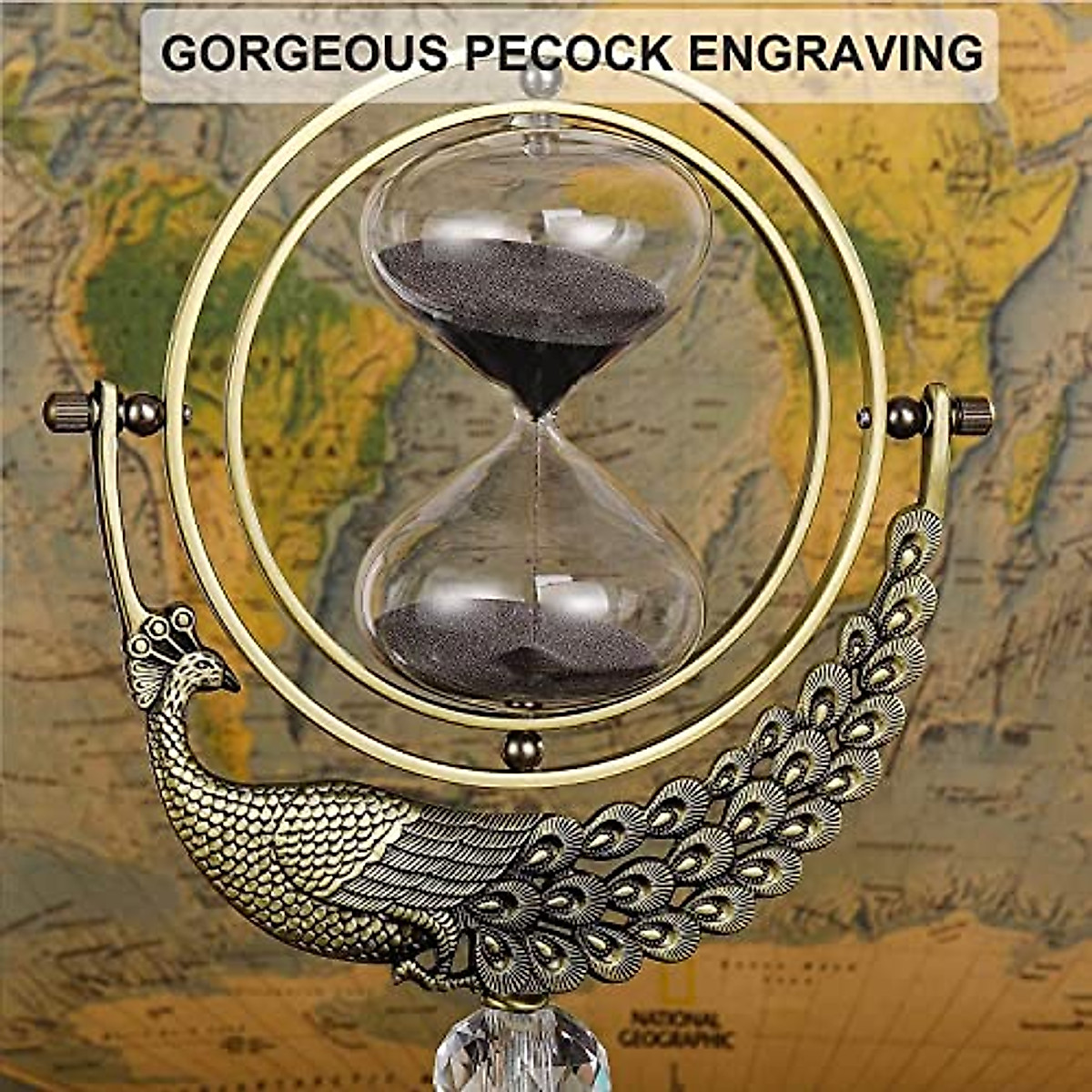 Sand Timer Hourglass Clock 60 Minute with Brass Peacock Frame & Crystal,SuLiao Antiguo Reloj De Arena 1 Hora,Metal Large Watch One Hour Glass Sand Watch for Gifts Home Office Desk Decor