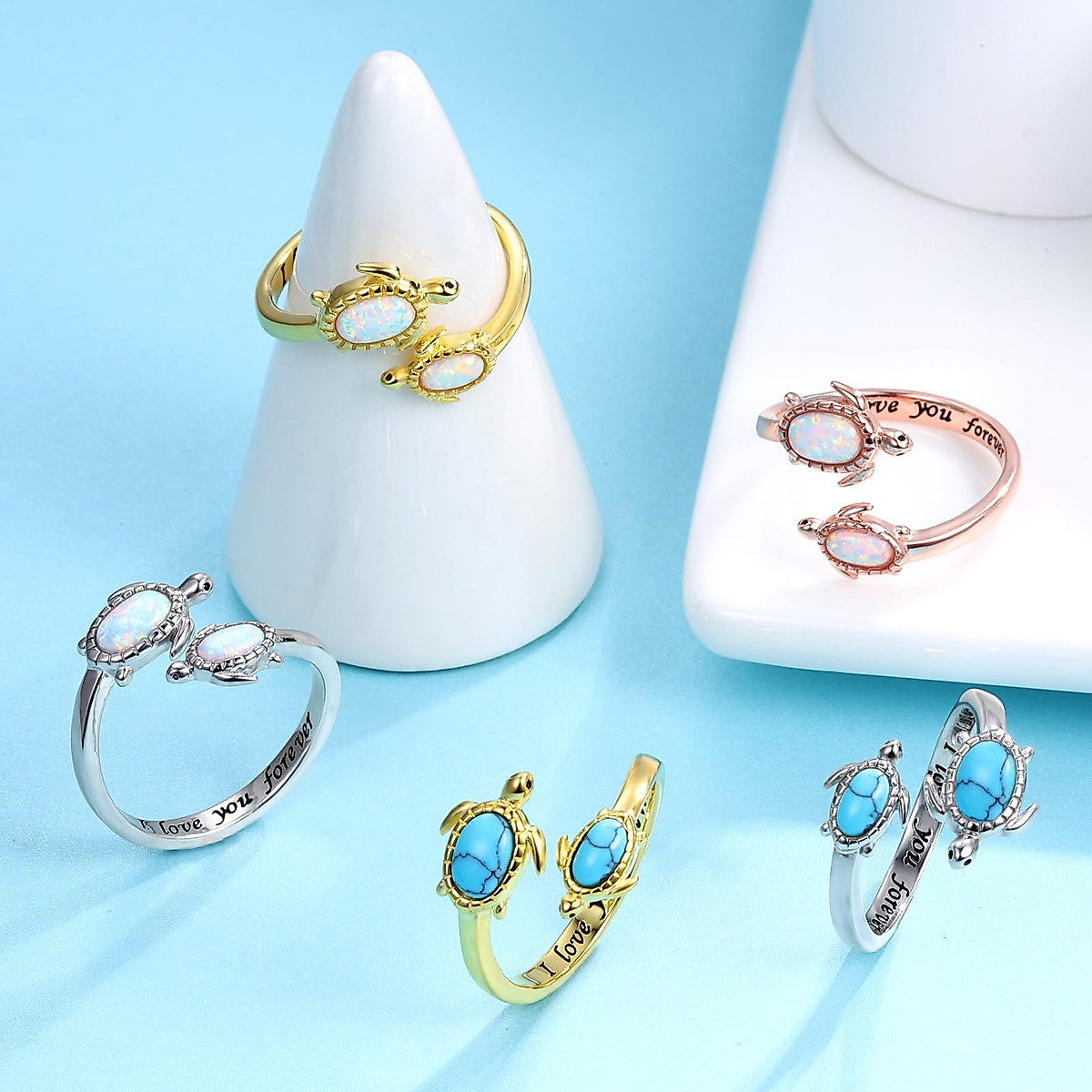 EJALEN 925-Sterling-Silver Opal /Turquoise Sea Turtle/Dolphin/Sea Life Ring - Inspirational I Love You Forever Adjustable Open Nature Ocean Mother Daughter Ring Cute Animal Jewelry Gifts for Women