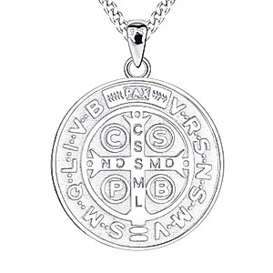 FJ Saint Benedict Necklace 925 Sterling Silver, NR Cross Protection Pendant,Round Coin Antiqued Religious Protector Talisman Pendant