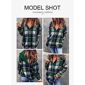 EVALESS Women's Hooded Flannel Fall Fleece Plaid Shacket Jacket 2023 Fashion Casual Long Sleeve Button Down Shirts Coats,Green XL