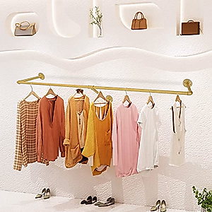 47"Gold Industrial Pipe Wall Mounted Clothing Racks for Boutique, Hanging Shelves System Metal Garment Rack Stand Bridal Wedding Dress Organization Closet Rod Retail Display Rack Storage Towel Rack