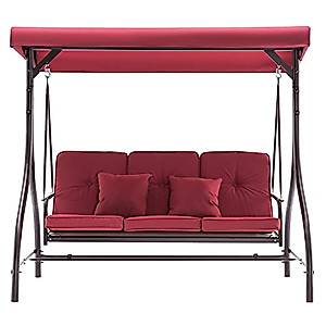 MCombo 3-Seat Outdoor Patio Swing Chair, Adjustable Backrest and Canopy, Porch Swing Glider Chair, w/Cushions and Pillows, 4068 (Burgundy)