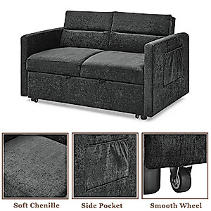 3 in 1 Convertible Sleeper Sofa Bed, Antetek Modern Chenille Loveseat Sleeper Sofa Couch with Pull-Out Bed, Small Love seat Sofa Bed with Reclining Backrest & Side Pocket for Living Room, Black, 54.6"
