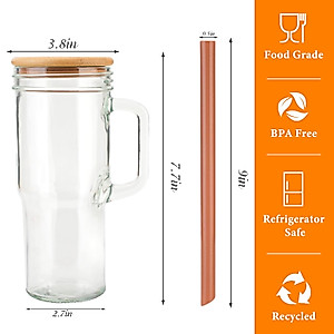 Luxfuel 24oz Wide Mouth Mason Jar Drinking Glasses Tumbler with Handle and Bamboo Lids,Reusable Smoothie Cup for Iced Coffee,Water,Juice - 2 Pack