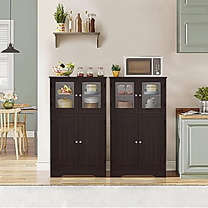 Iwell Bathroom Storage Cabinet, Linen Cabinet with Glass Doors & Adjustable Shelf, Freestanding Storage Organizer for Living Room, Home Office, Bathroom, Brown