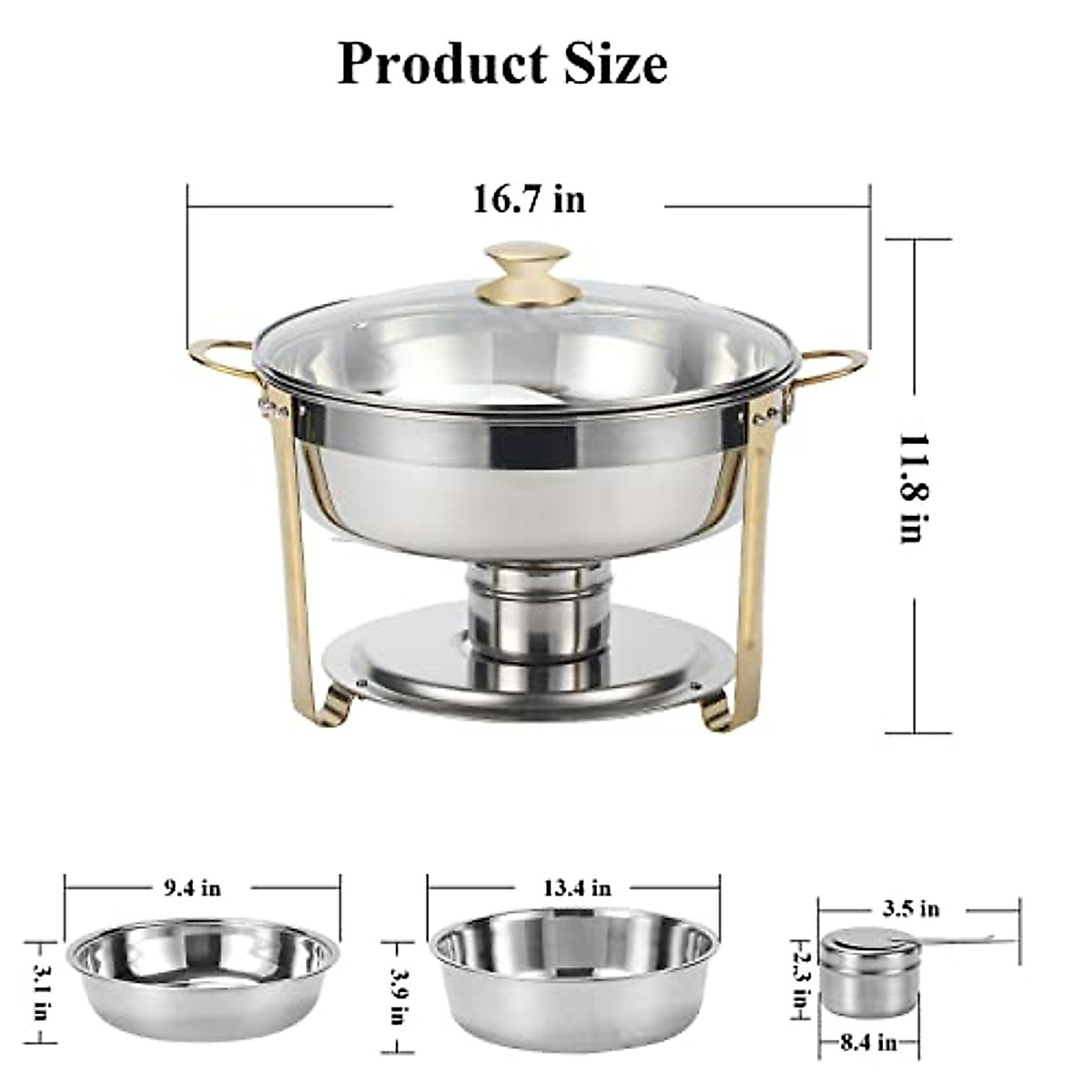Amhier 5 Qt Chafing Dish Buffet Set with Visible Glass Lid and Holder, Stainless Steel Round Chafers and Buffet Warmers Sets with Food and Water Trays for Catering, Parties and Weddings, Gold, 1 Pack