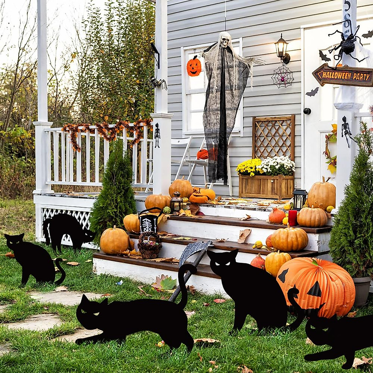 Ivenf Outdoor Halloween Decorations, 5ct Black Cat Yard Decor with LED Lights in Eyes, Scary Cat Silhouette Signs with Stakes, Waterproof Corrugated Plastic, Lawn Decorations for Home School Party