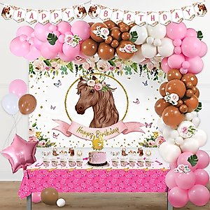 Hombae Horse Party Decorations for Girl, Horse Themed Birthday Backdrop Balloon Garland Artificial Leaves Cutout Happy Birthday Banner Tablecloth Cake Cupcake Topper Floral Horse Pink 126 PCs