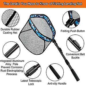 PLUSINNO Floating Fishing Net for Steelhead, Salmon, Fly, Kayak, Catfish, Bass, Trout Fishing, Rubber Coated Landing Net for Easy Catch & Release, Compact & Foldable for Easy Transportation & Storage