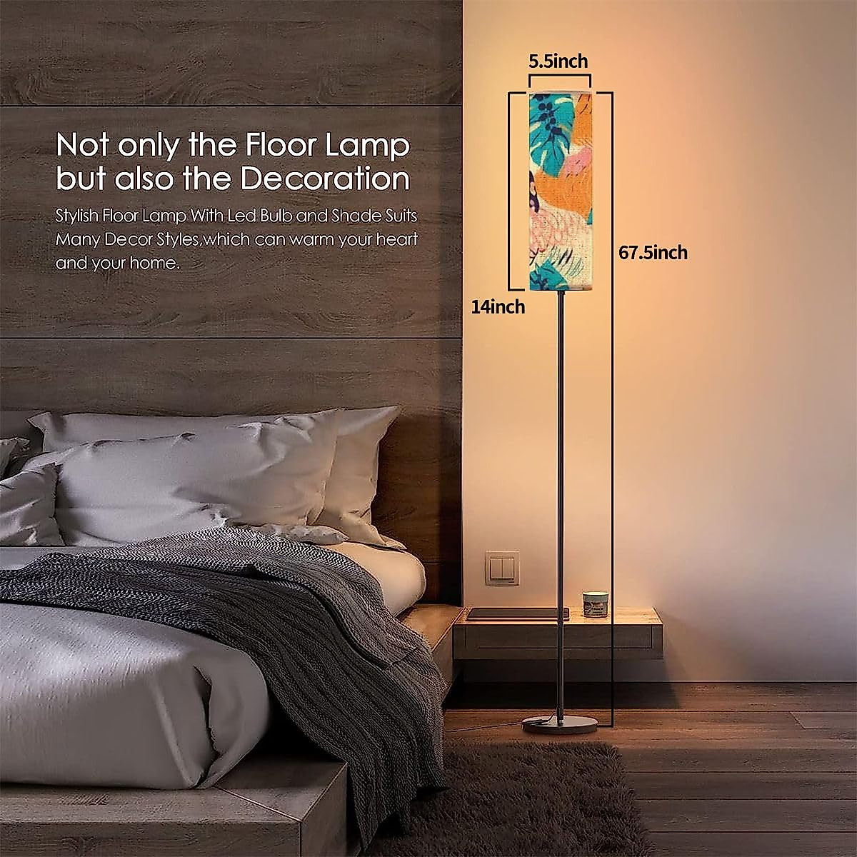 RZNTJHUINA Modern Standing Lamps Bohemian Abstract Tropical Print Contemporary Minimalist Floor Lamp Metal Pole Lamp with Linen Lampshade for Bedroom Living Room Office Nursery Reading Foot Switch