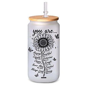 BSQUIELE Gifts For Women - Christian Gifts For Women - Birthday Gift For Women - Religious Gifts For Women - Inspirational Gifts For Women - Bible Verse Sunflower Faith Mom Mothers Glass Coffee 16OZ