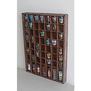 DisplayGifts Open Front Shot Glasses Display Case 56 Compartments Wall Mount Pint Glass Shadow Box Bar Collection or Small Items Display Shelving, No Cover on The Front, Rustic Brown Wood Frame