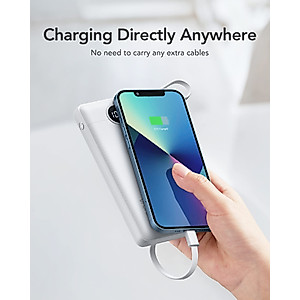VRURC Portable Charger 10000mAh, Slim LED Display Power Bank, 5 Output 2 Input Cell Phone Battery Pack, Built-in Micro & USB C Cables Phone Charger Compatible with iPhone,Samsung,Android-White(1 Pack)