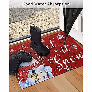 Kitchen Rug,Snowman Christmas Cardinal Non Slip Doormat Absorbent Carpet,Winter Snowflakes Red Back Front Door Mat Washable Floor Mat for Bathroom Bedroom Entryway 16x24in
