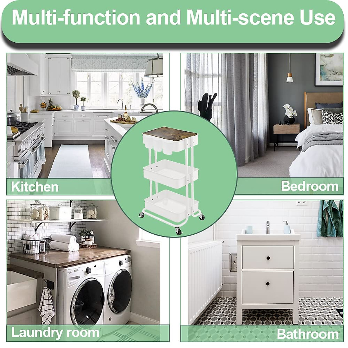 3-Tier Metal Utility Rolling Cart Storage Side End Table with Cover Board for Office Home Kitchen Organization, Cream White