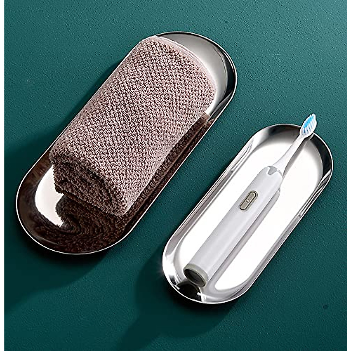 1 Pcs 9 Inch x 3.8 Inch Trinket Tray, Silver Stainless Steel, for Serving Trays Towel Storage Dish Plate Tea Fruit Trays Cosmetics Jewelry Plate Decorative Storage Tray