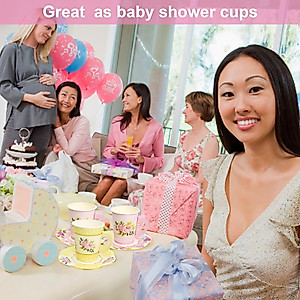 ceiba tree Floral Paper Disposable Tea Cups with Handle and Saucers Tea Party Decorations Favors 24 Sets for Girls Women Flower Birthday Baby Shower Wedding Party Supplies