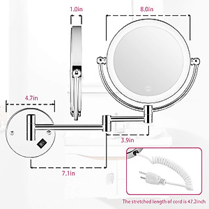 AMZNEVO Wall Mounted Lighted Makeup Mirror, 8 Inch Double-Sided 1X 5X Magnifying Mirror for Bathroom, 11'' Extendable Arm, 360° Swivel, Touch DimmableLED Lights, Powered by Plug in, Chrome