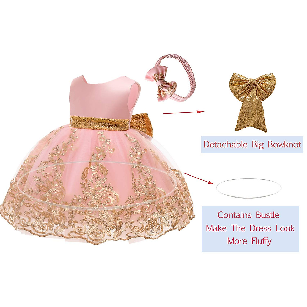 0-6T Big Bowknot Sequins Embroidered Lace Party Tutu Gown Toddler Baby Girls Dress with Headwear Easter Ball Gown Dress Pink 80