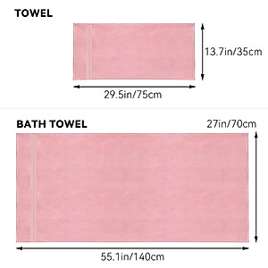 Thmyo 2 Pack 100% Cotton Super Soft Bath Towels Set, Highly Absorbent Hand Towels, Cotton Towels for Bathroom Quick Drying Large Bath Towels for Beach, Spa, Hotel (1 Bath Towel and 1 Hand Towel, Pink)