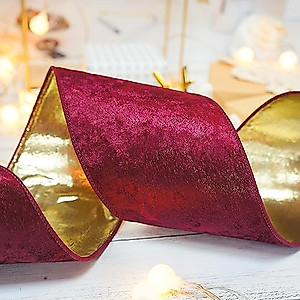 Wine (Burgundy) Velvet with Gold Metallic Backing Wired Ribbon 4 Inch x 10 Yards for Christmas Tree Topper Home Decoration Wreath Gift Wrapping DIY Craft