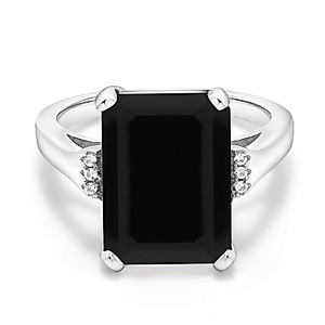 Gem Stone King 925 Sterling Silver Black Onyx Engagement Ring For Women (6.67 Cttw, Emerald Cut 14X10MM, Gemstone Birthstone, Available in size 5, 6, 7, 8, 9)
