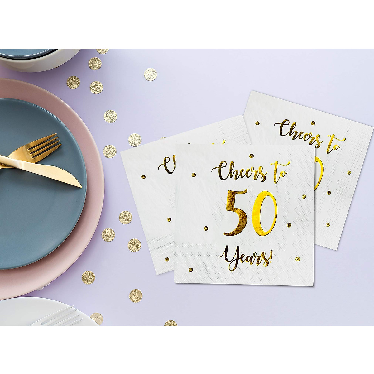 Cheers to 50 Years Cocktail Napkins | Happy 50th Birthday Decorations for Men and Women and Wedding Anniversary Party Decorations | 50-Pack 3-Ply Napkins | 5 x 5 inch folded (White)